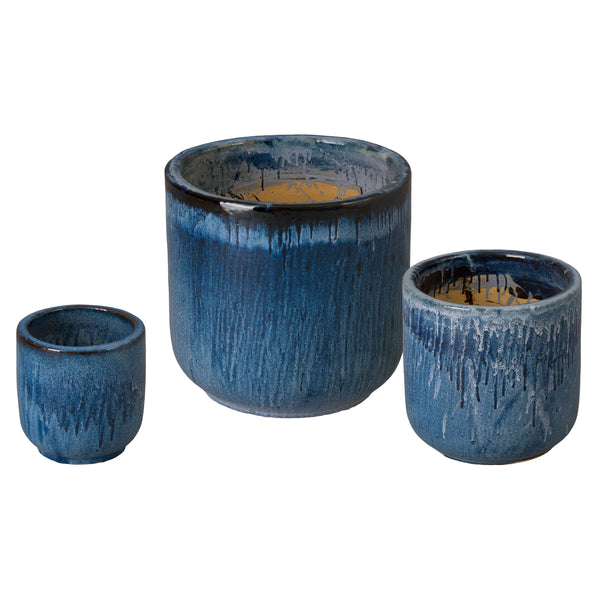 Barrel Set of 3 Round Quin Blue Ceramic Planters - Scenario Home