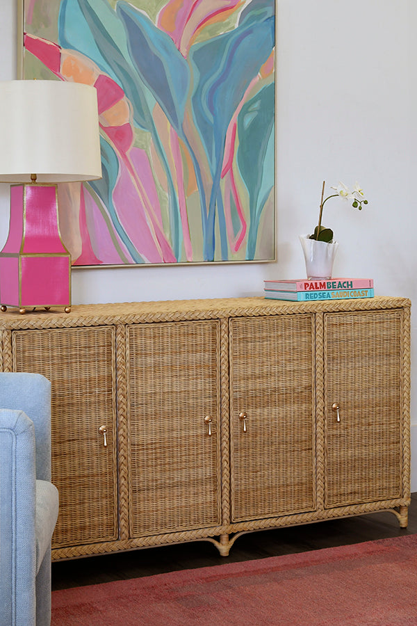 Evander Four Door Buffet in Fully Wrapped Rattan with Satin Brass Pull ...