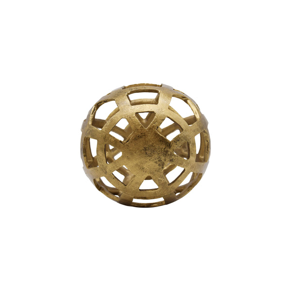 Small Round Metal Ball with Geo Cutouts in Textured Brass - Scenario Home