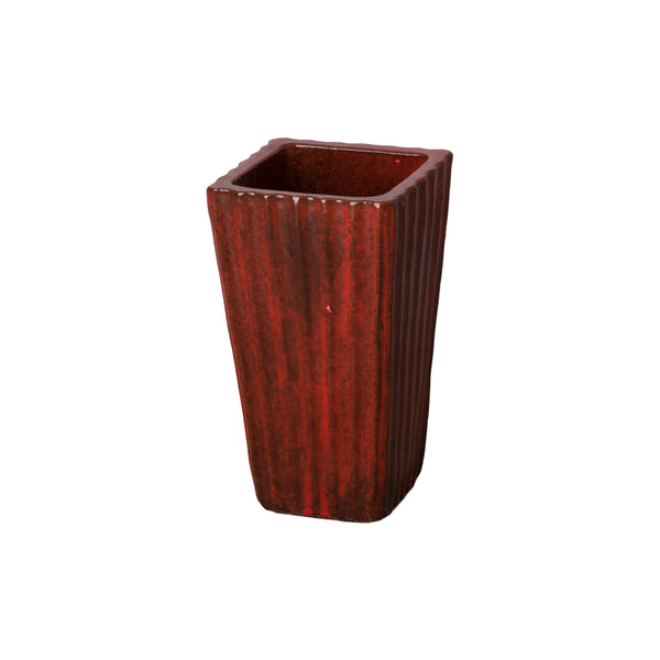 Small Fluted Square Ceramic Planter - Tropical Red Glaze - Scenario Home