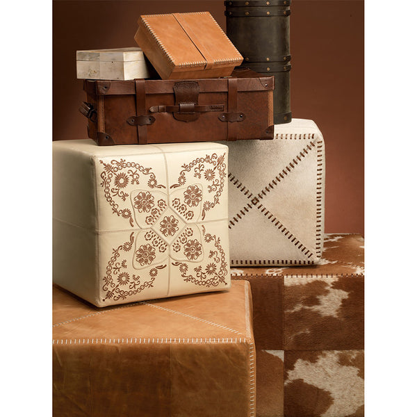Large Rustic Ottoman - Buff Leather - Scenario Home