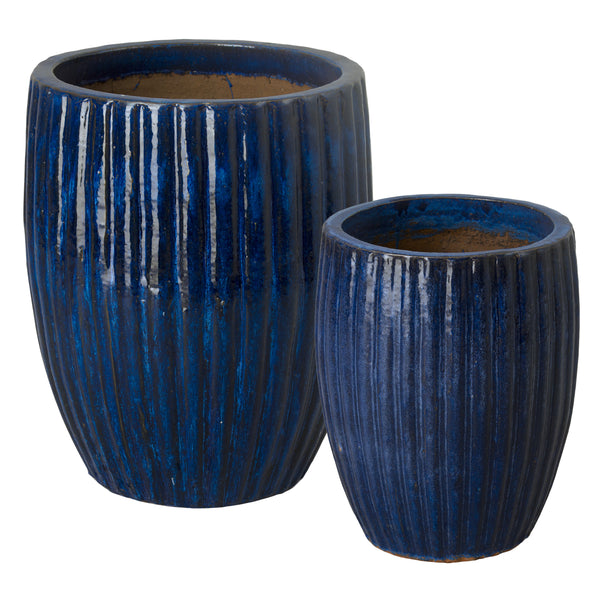 Ridged Round Ceramic Pot in Blue – Set of Two - Scenario Home