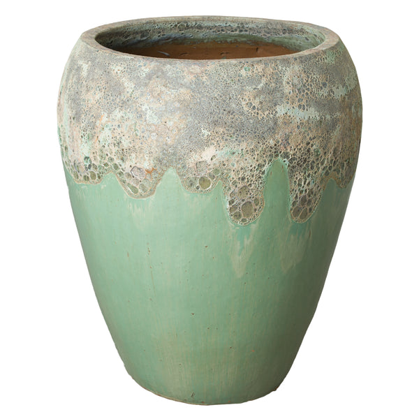 Large Round Ceramic Planter with a Reef/Spa Green Glaze - Scenario Home