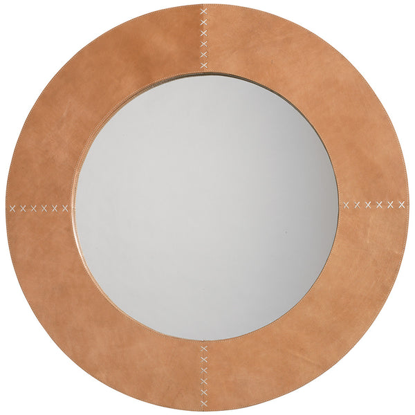 Buff Leather Mirror with Whip Stitch Accents – Brown - Scenario Home