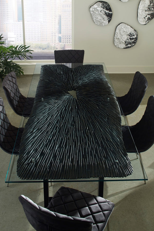 Chainsaw Dining Table with Glass, Chamcha Wood, Burnt Black, Black Iro ...