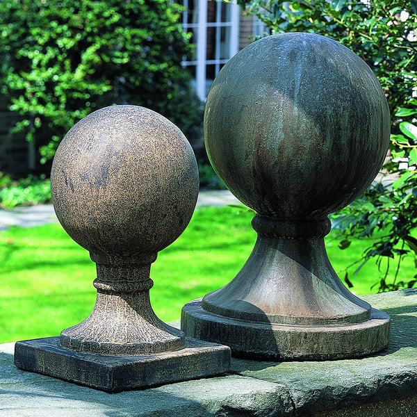 Small Square Base Sphere Sculpture - Aged Limestone Patina - Scenario Home